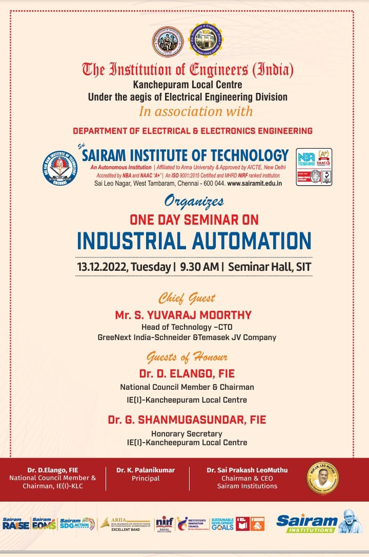"The Department of EEE conducted a Seminar in INDUSTRIAL AUTOMATION in ...